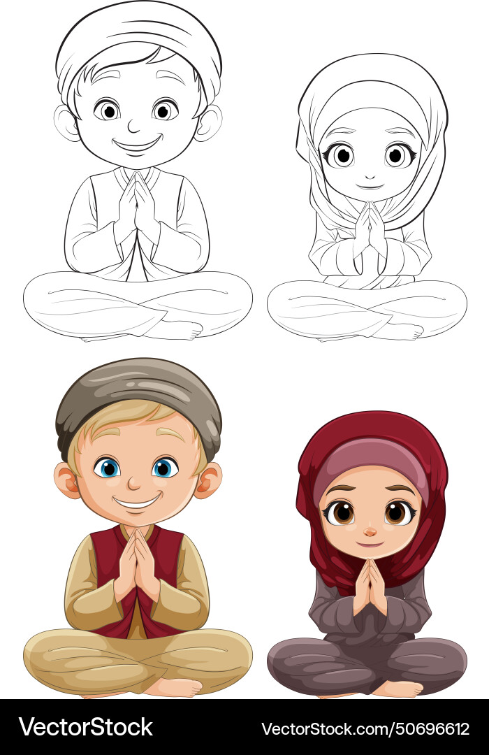 Two cartoon kids praying colored and outlined Vector Image