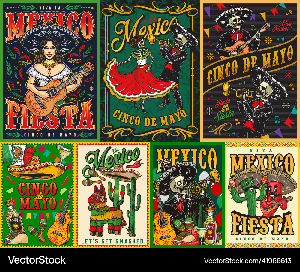 Mexican fiesta vintage posters set Royalty Free Vector Image