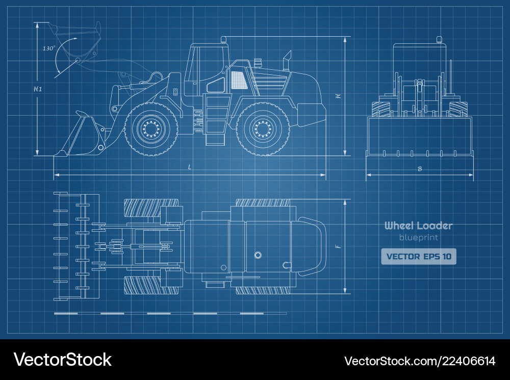 Blueprint of wheel loader top side front view Vector Image