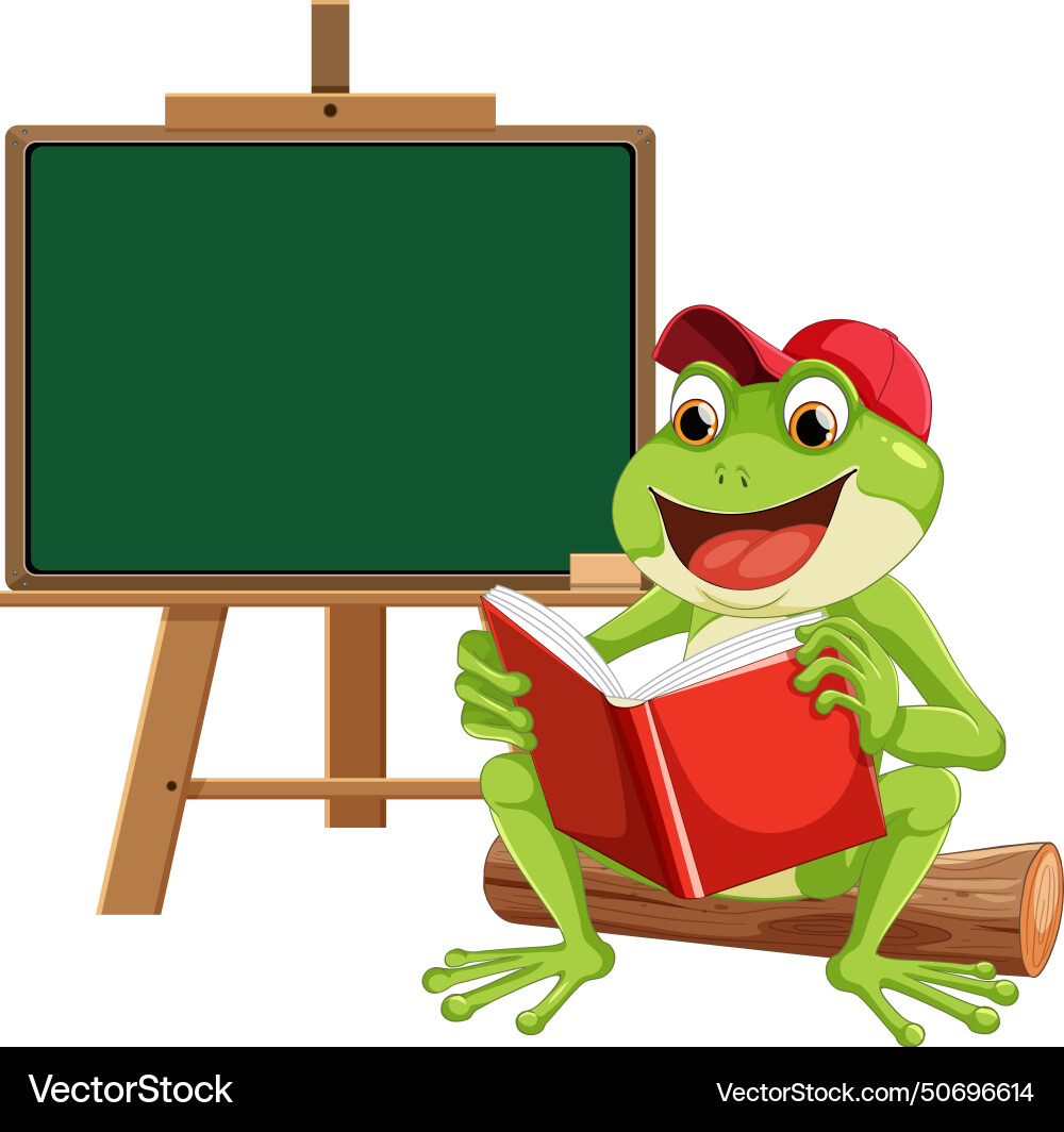 Cartoon frog reading a book by chalkboard Vector Image