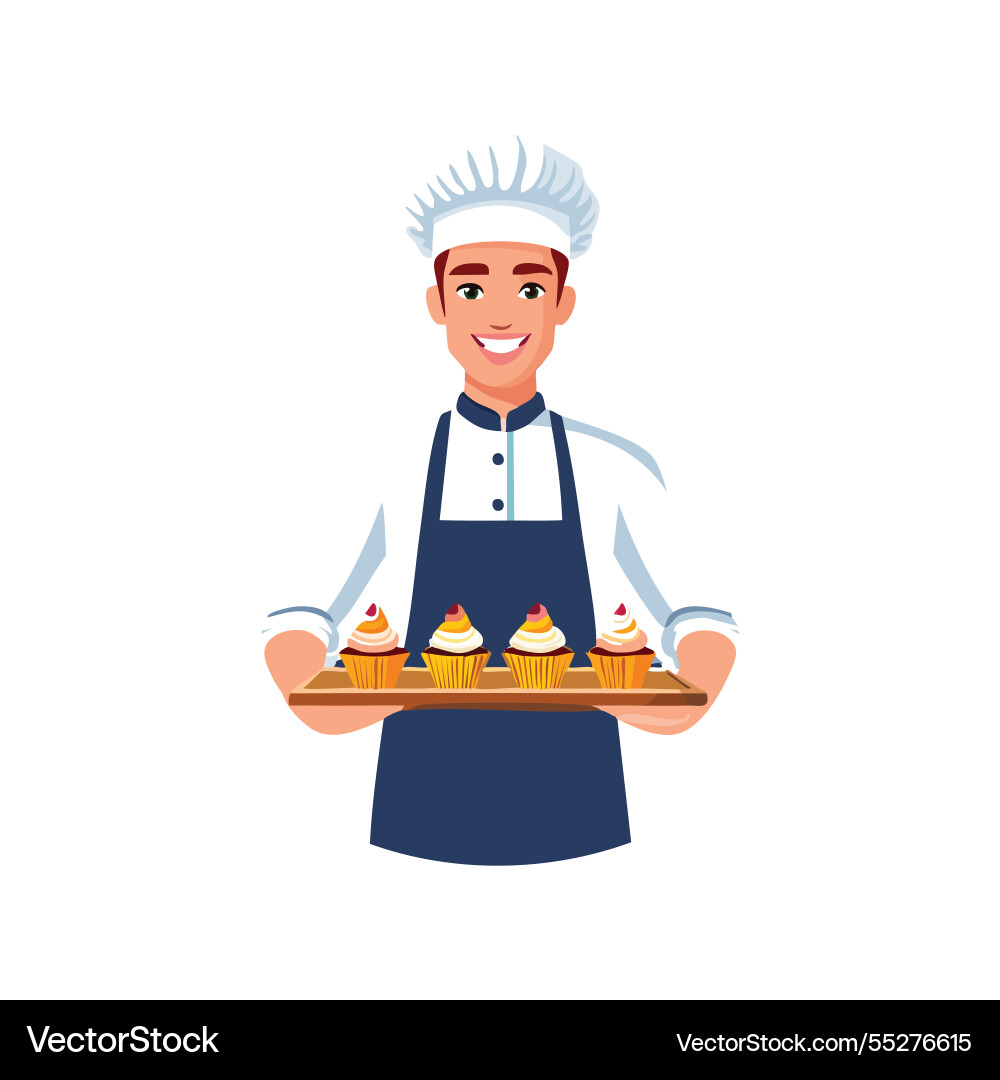 Baker with happy cupcakes Royalty Free Vector Image