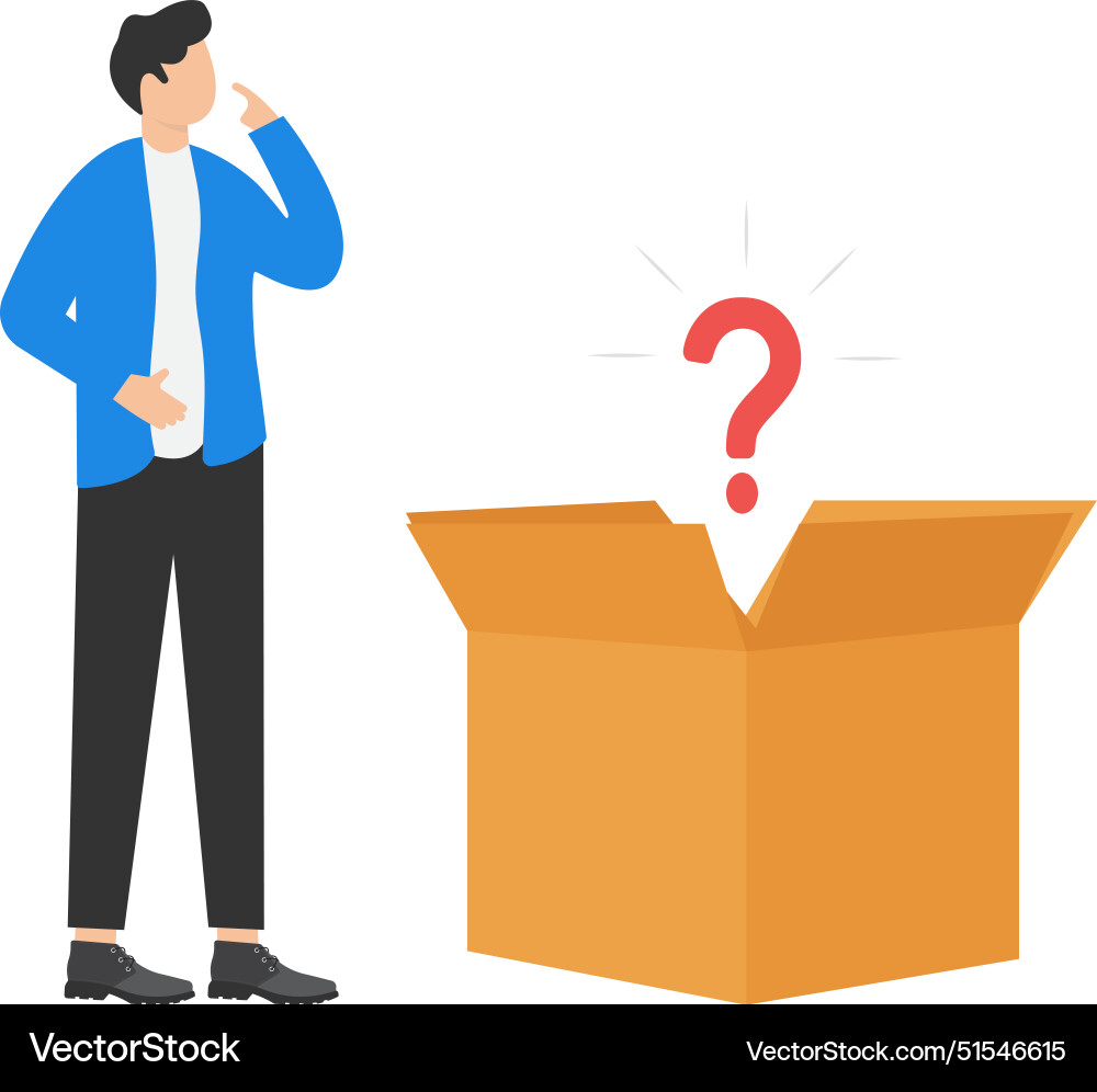 Confused man and mystery box concept Royalty Free Vector
