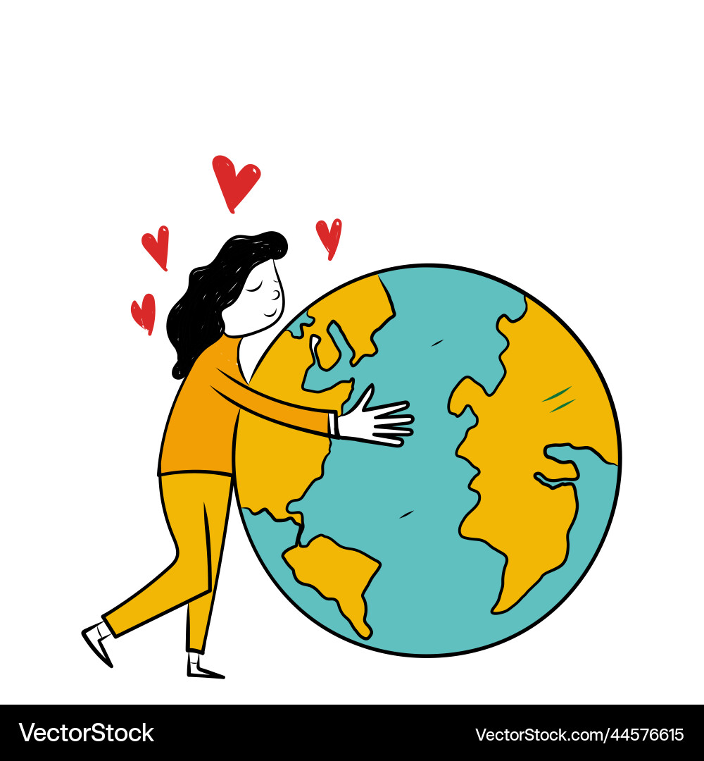 Hand drawing doodle woman hugging earth globe Vector Image