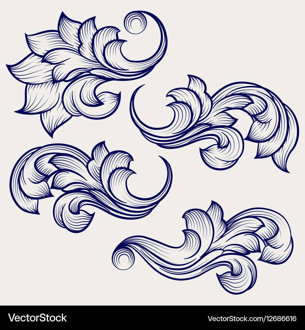 Floral baroque engraving elements Royalty Free Vector Image
