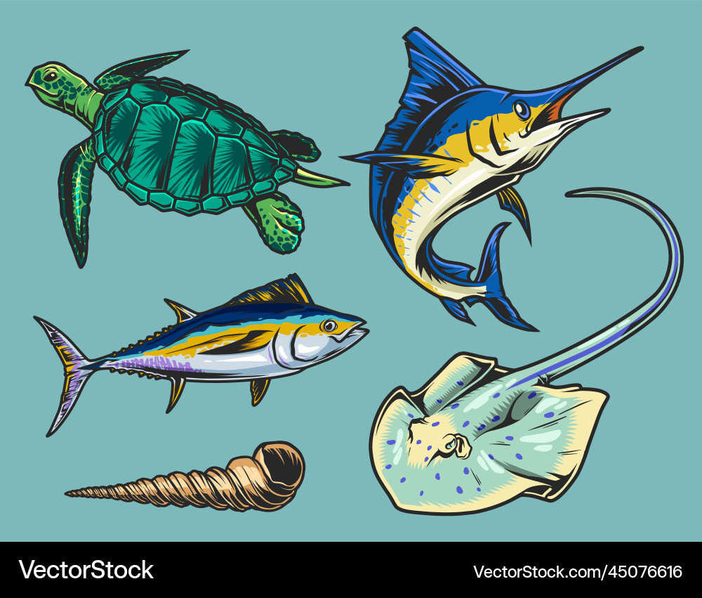 Ocean fauna colorful set emblems Royalty Free Vector Image