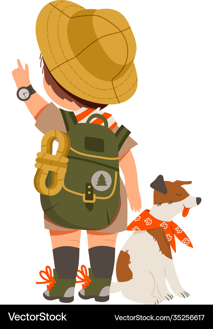 Cute boy with backpack as junior scout dog Vector Image