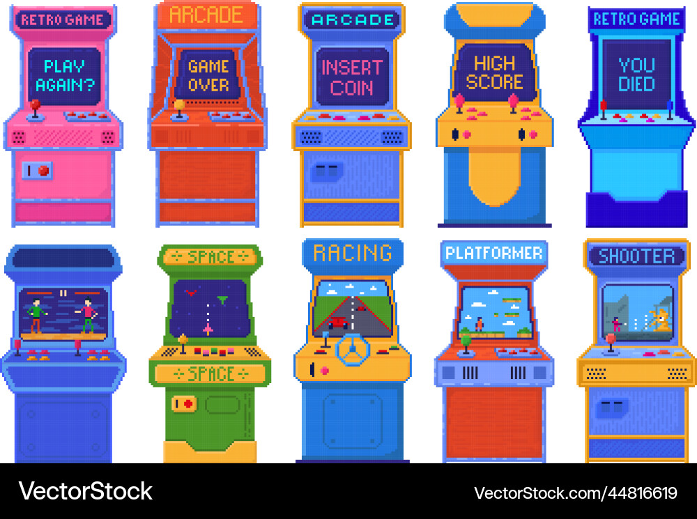 Pixel art arcade game machines old 8 bit gaming Vector Image