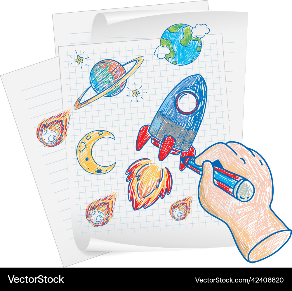 Coloured hand drawn spaceship collection Vector Image