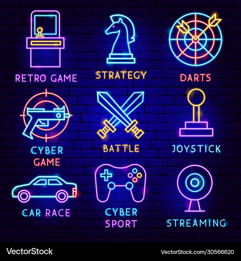 Cyber games neon label set Royalty Free Vector Image