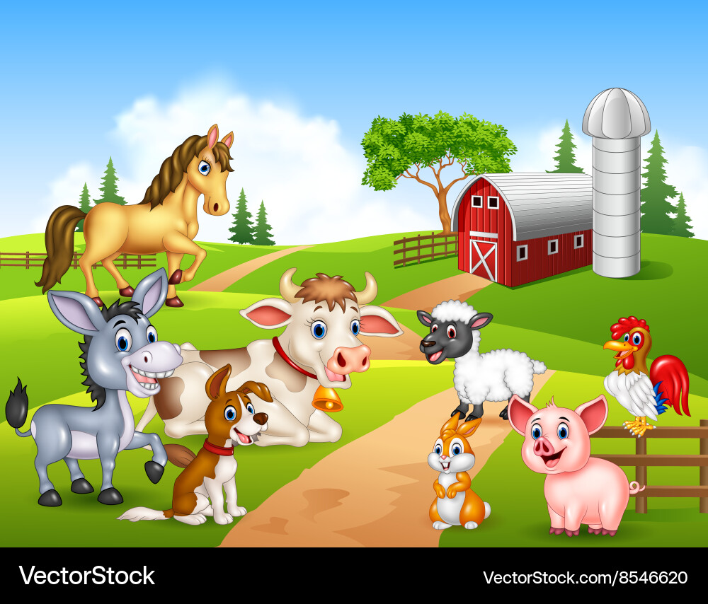 Farm background with happy animals Royalty Free Vector Image