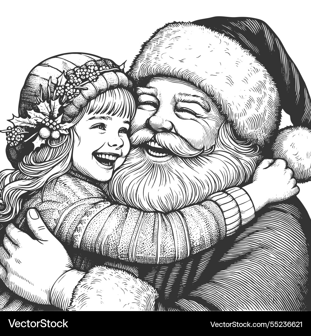 Santa claus hugging happy child engraving Vector Image