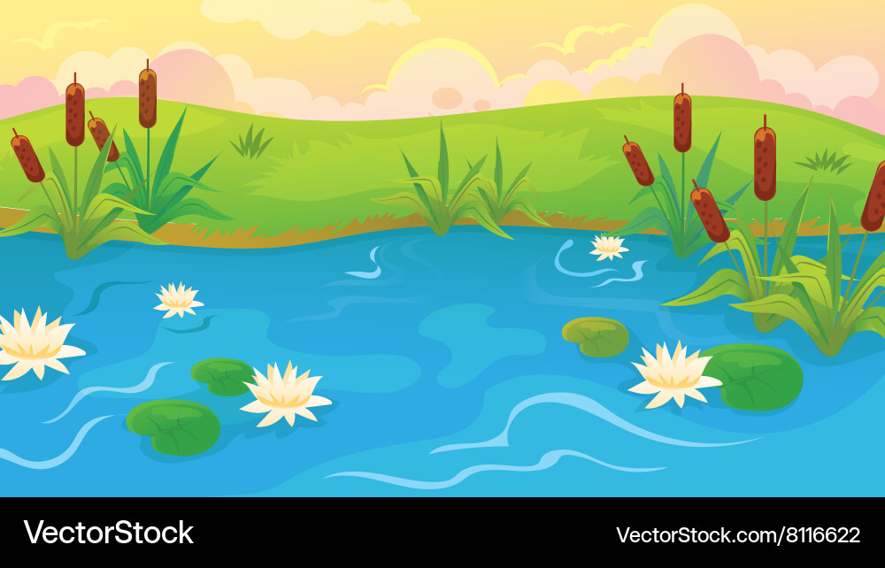 Pond with reeds and lilies Royalty Free Vector Image