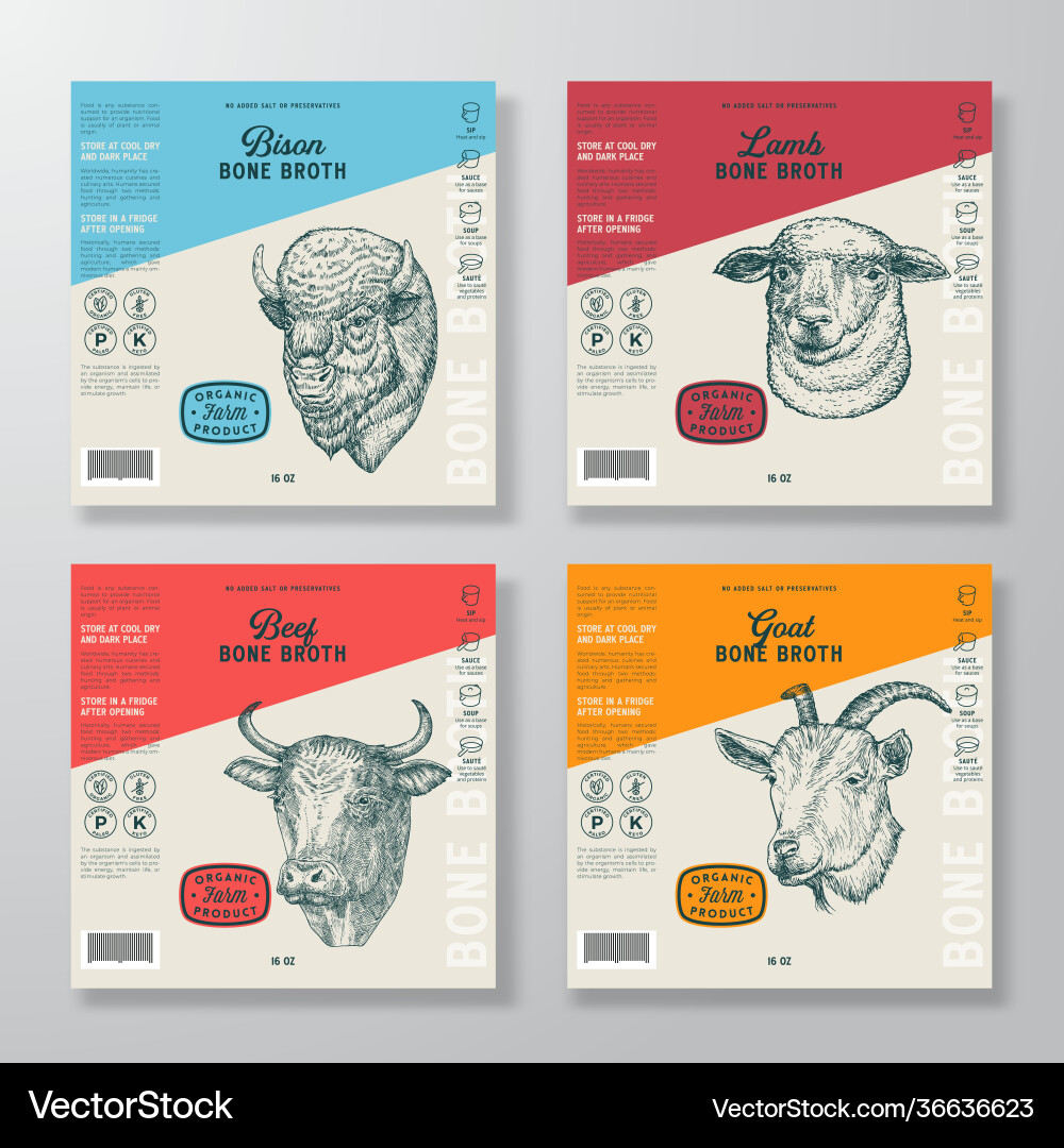 Bone Broth Label Collection - Farm Animals Vector Image