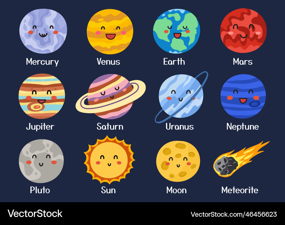 Cute Planet Set In Cartoon Style Solar System Vector Image