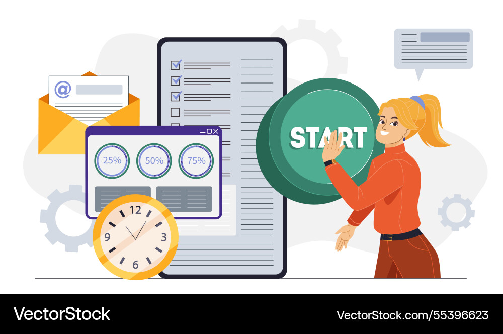 Woman pressing start button with productivity Vector Image