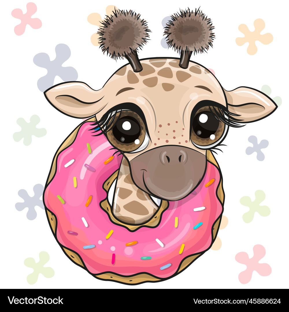 Cartoon giraffe with a pink donut Royalty Free Vector Image