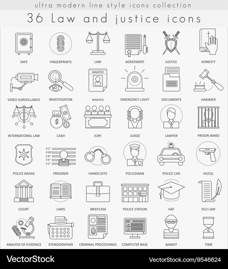 Law & Justice Outline Icons Royalty Free Vector Image