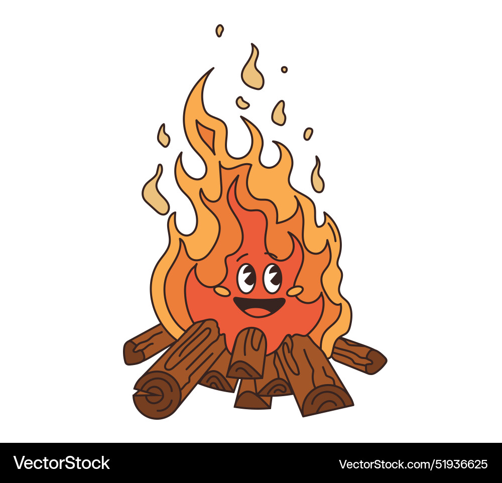 Campfire retro groovy travel character camp fire Vector Image