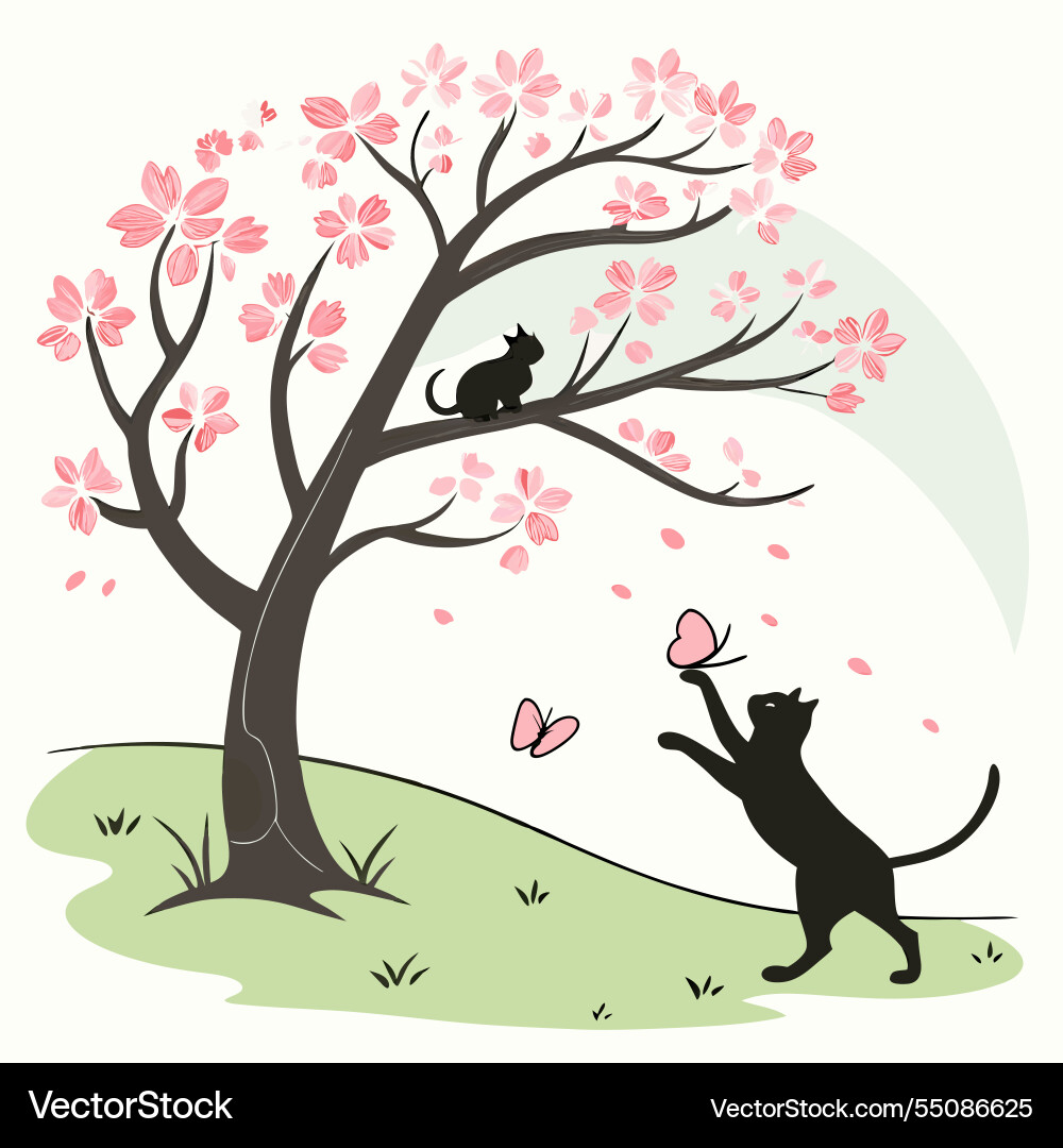 Cats playing under a cherry blossom tree Vector Image