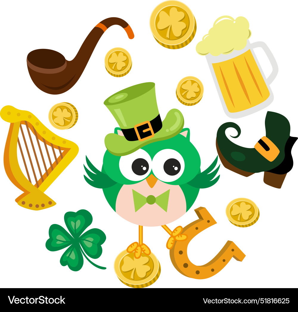 Cute owl saint patricks day and good luck elements