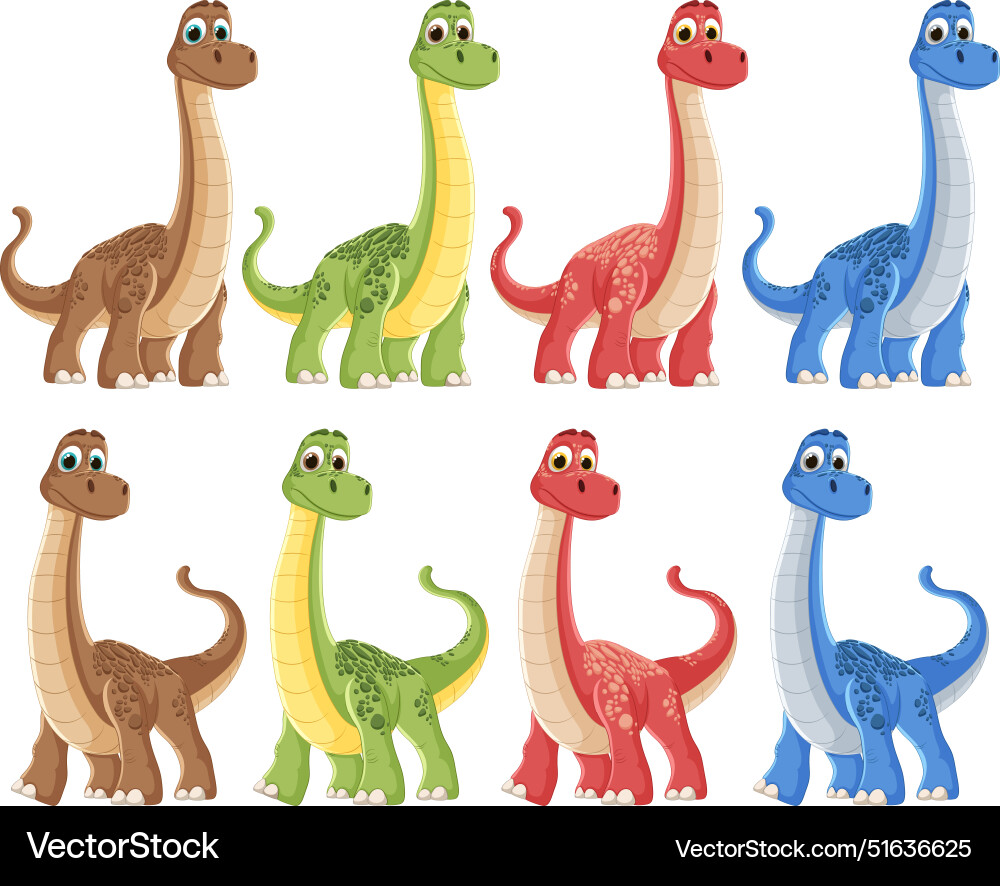 Eight cute dinosaurs in various colors and poses Vector Image