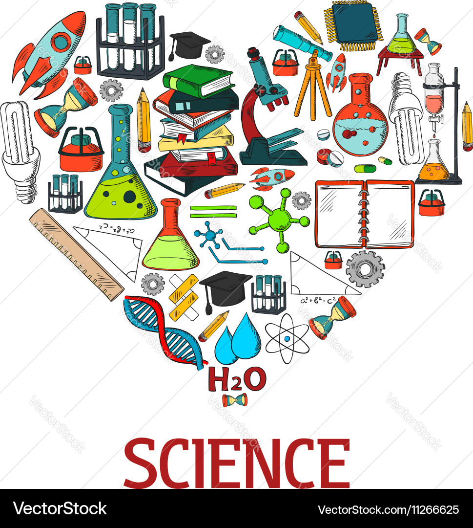 Heart shape emblem with science icons Royalty Free Vector