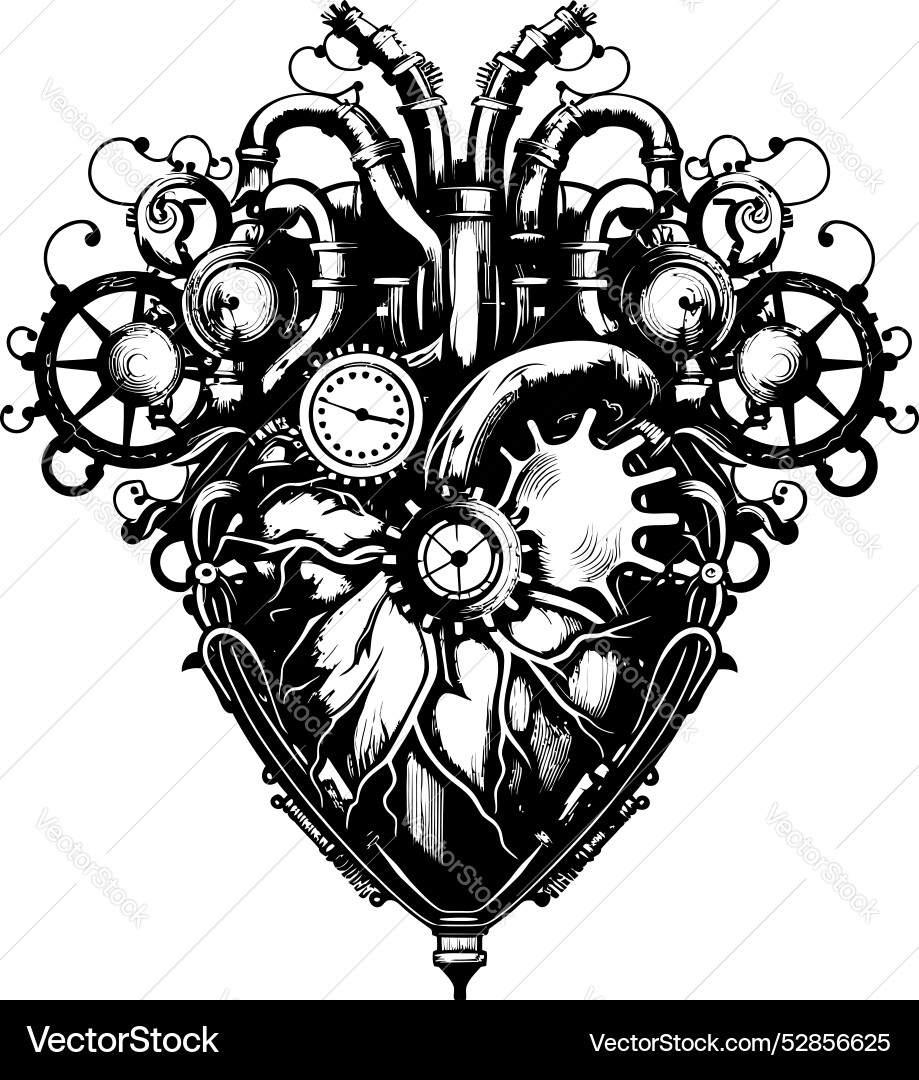 Metallic melody mechanical heart emblem design Vector Image