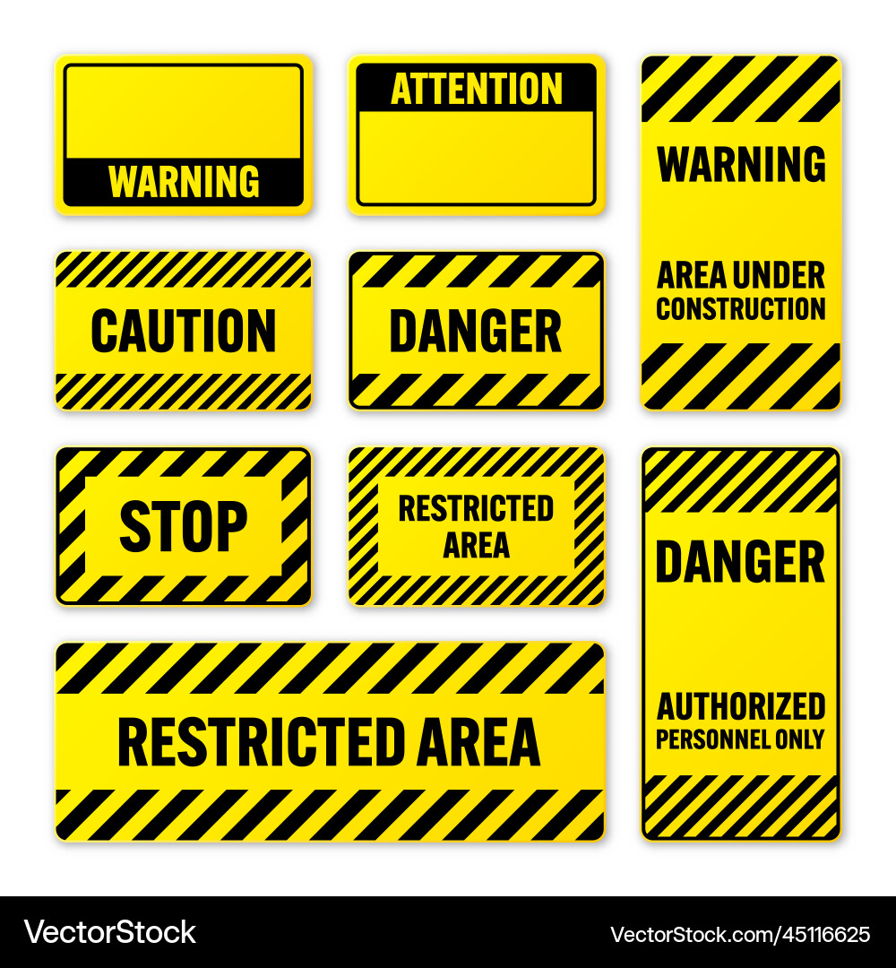 Various black and yellow warning signs Royalty Free Vector