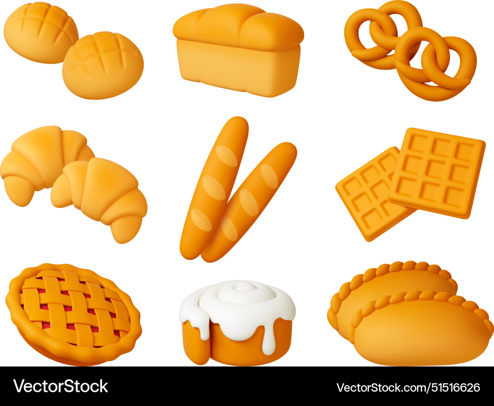 3d bakery products pastries croissant and bread Vector Image