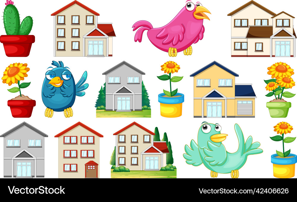 Different house designs and cute birds Royalty Free Vector