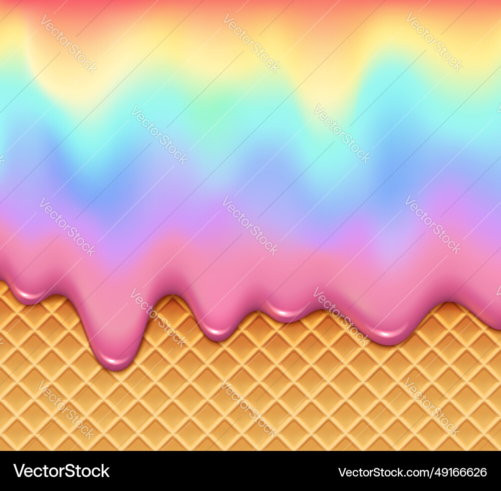 Realistic melting rainbow ice cream on wafer cone Vector Image