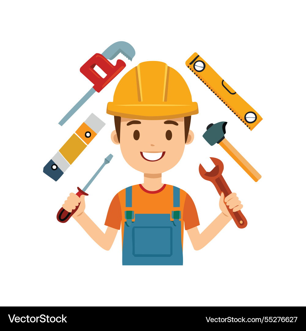 Builder with happy tools Royalty Free Vector Image