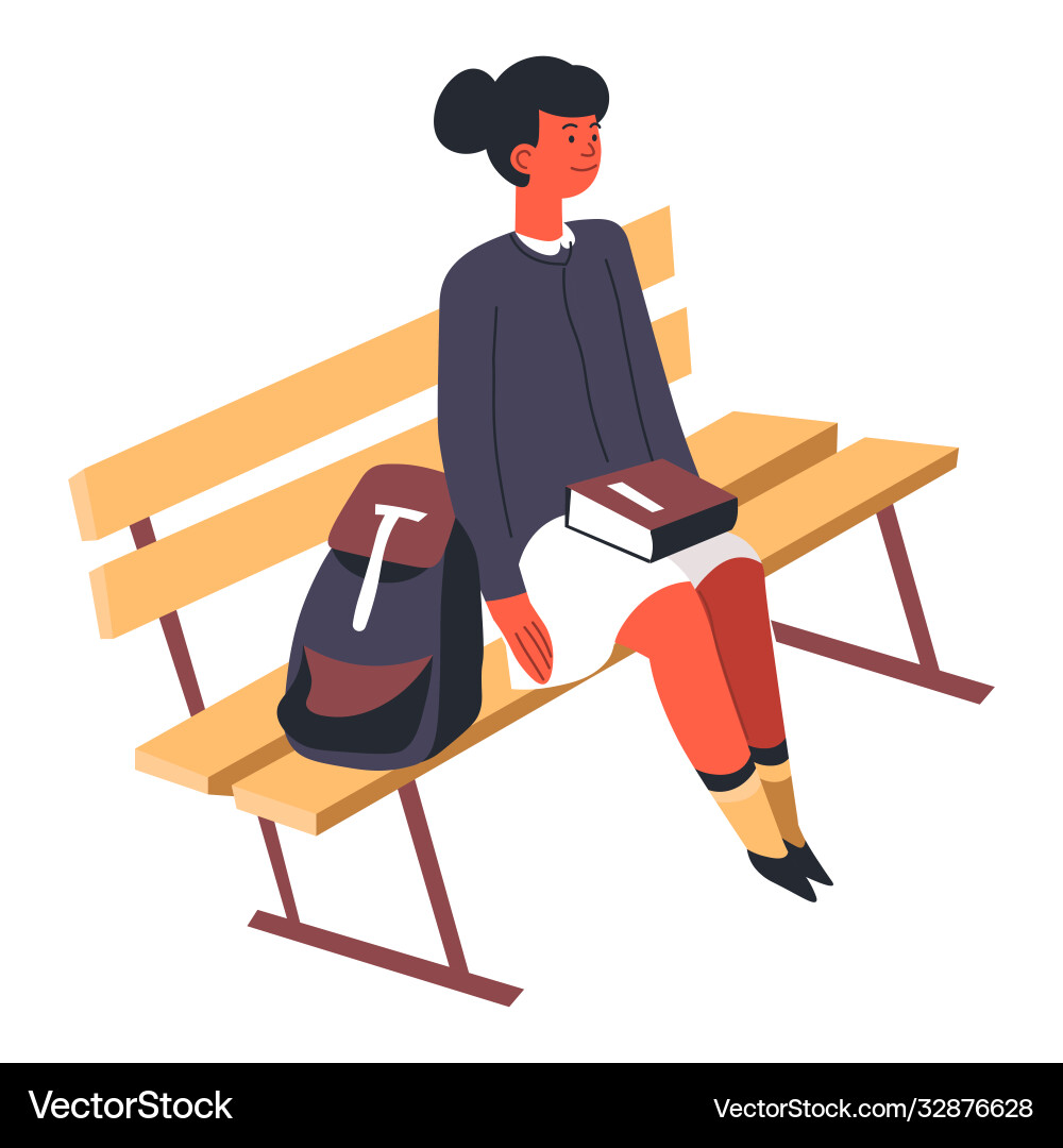 Female character sitting on bench with rucksack Vector Image