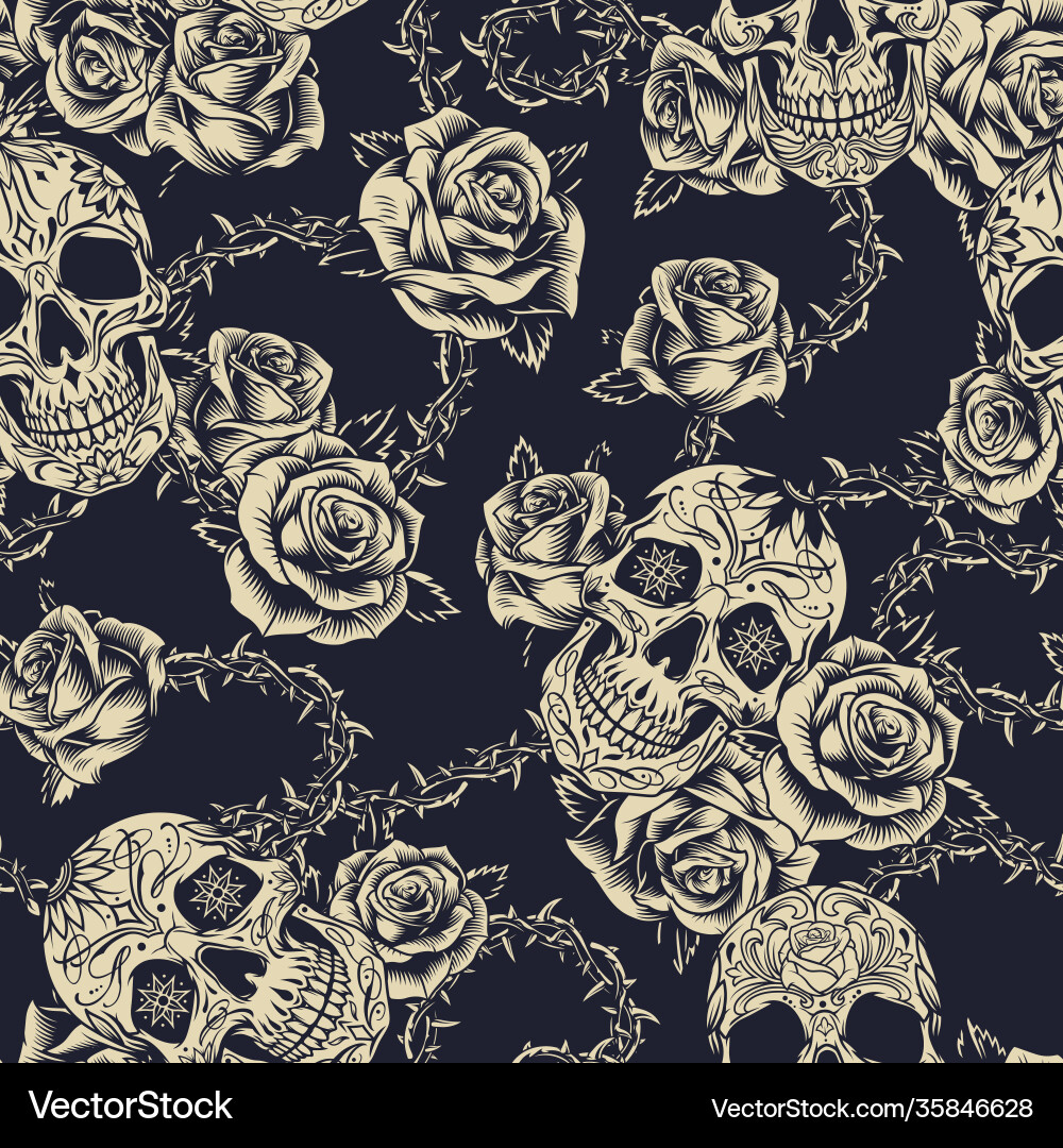 Sugar Skull Roses Pattern Royalty Free Vector Image