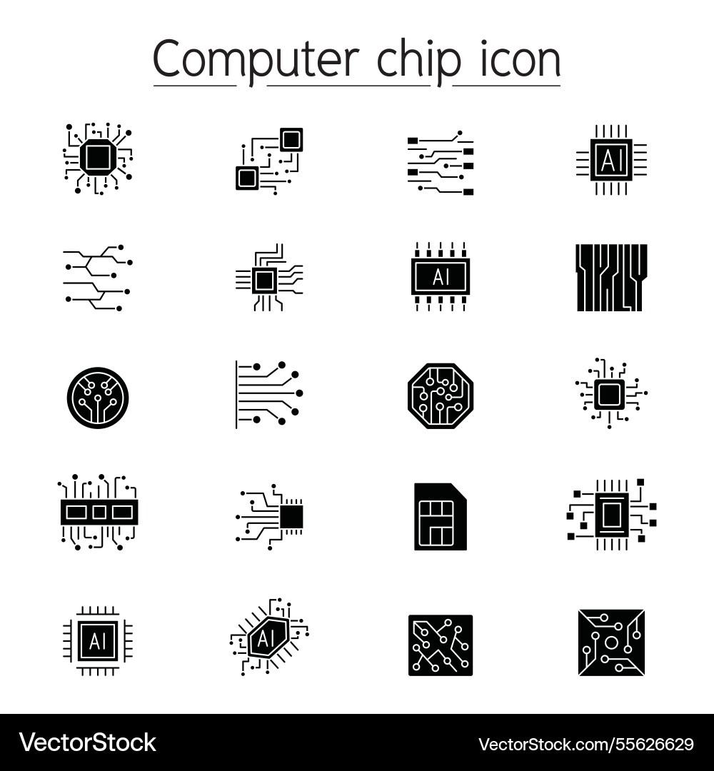 Computer chip icon set in glyph style Royalty Free Vector