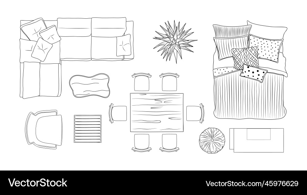 Furniture outline top view set isolated Royalty Free Vector