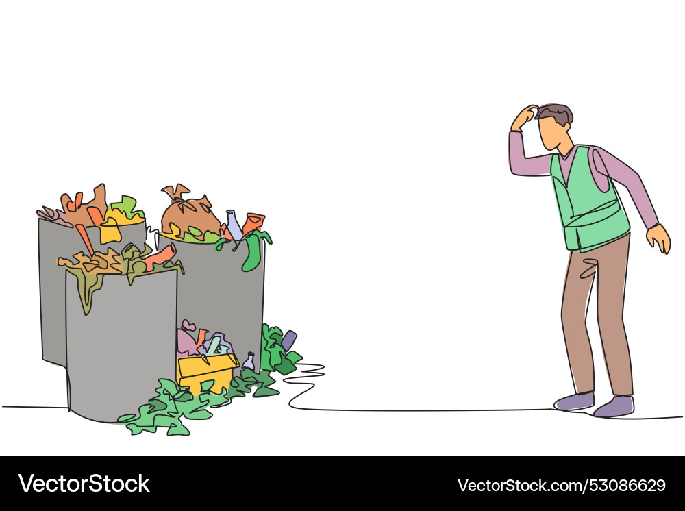 Single one line drawing trash man scratched his Vector Image