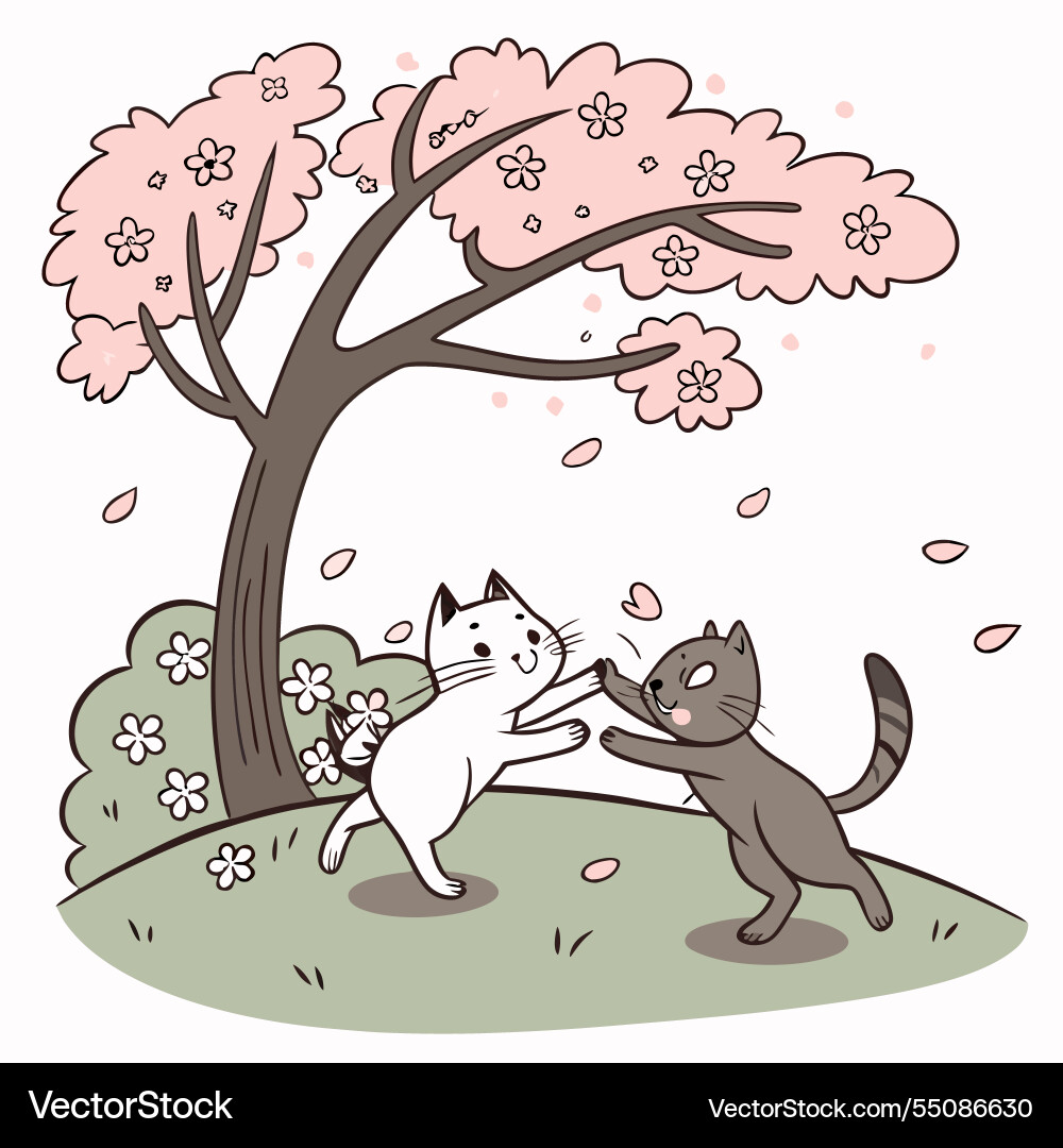 Cats playing under a cherry blossom tree Vector Image