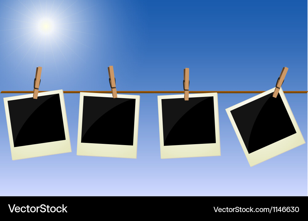 Four polaroid pictures hanging on rope Royalty Free Vector