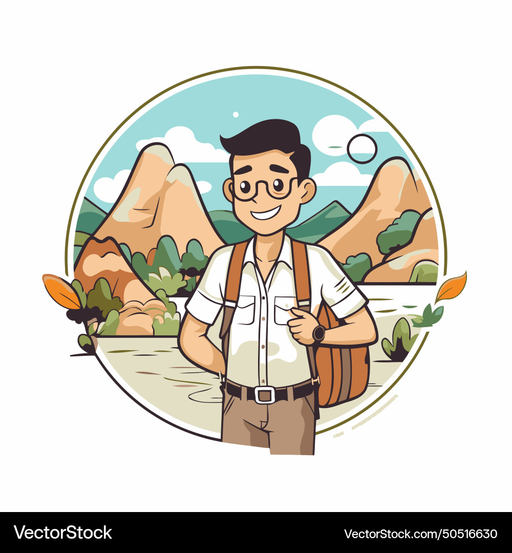Hiking man with backpack in mountains cartoon Vector Image