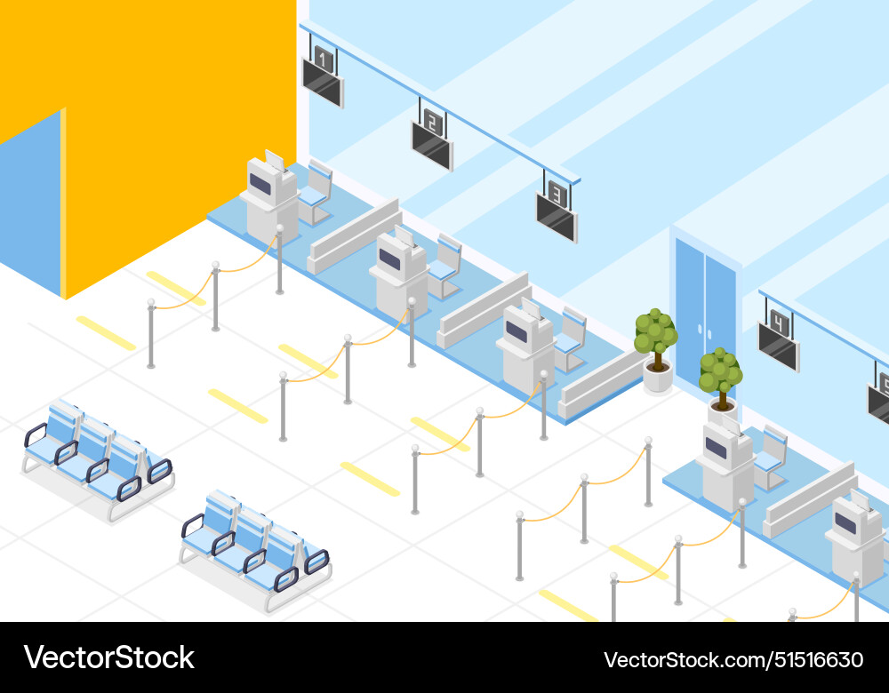 Isometric airport check-in zone interior counters Vector Image
