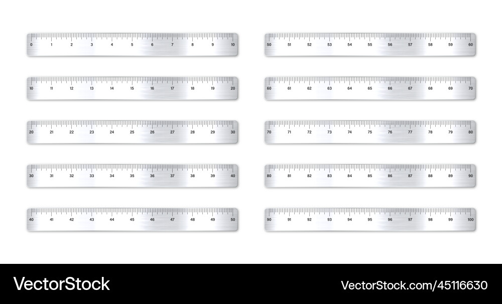 Realistic various brushed metal rulers Royalty Free Vector
