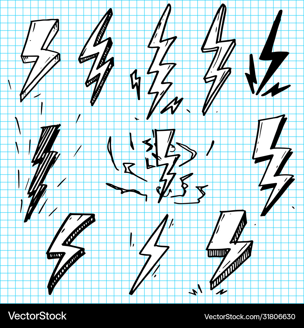 Set Hand gezogen Doodle elektrische Blitz Vektorbild