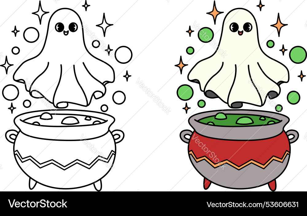 Cute groovy halloween ghost flying above cauldron Vector Image