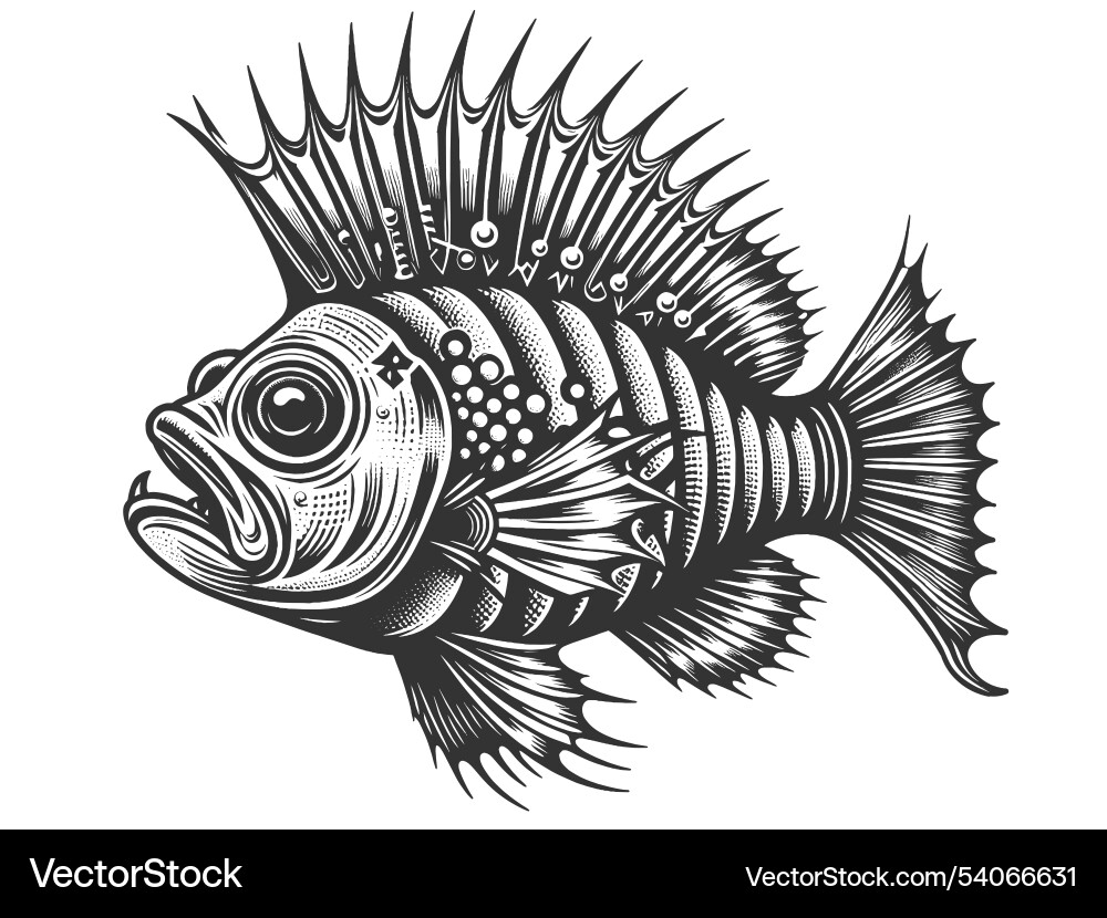 Spiky fish engraving sketch Royalty Free Vector Image