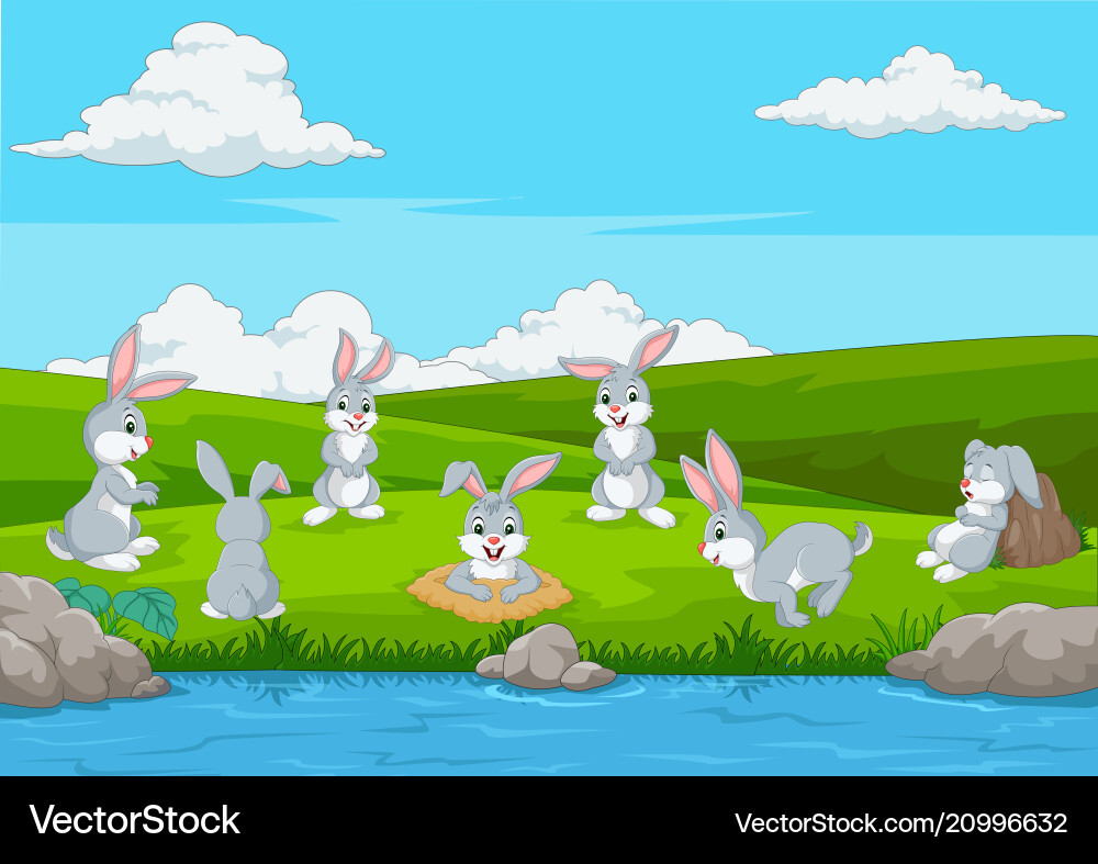 Cartoon funny rabbit playing on grass field Vector Image