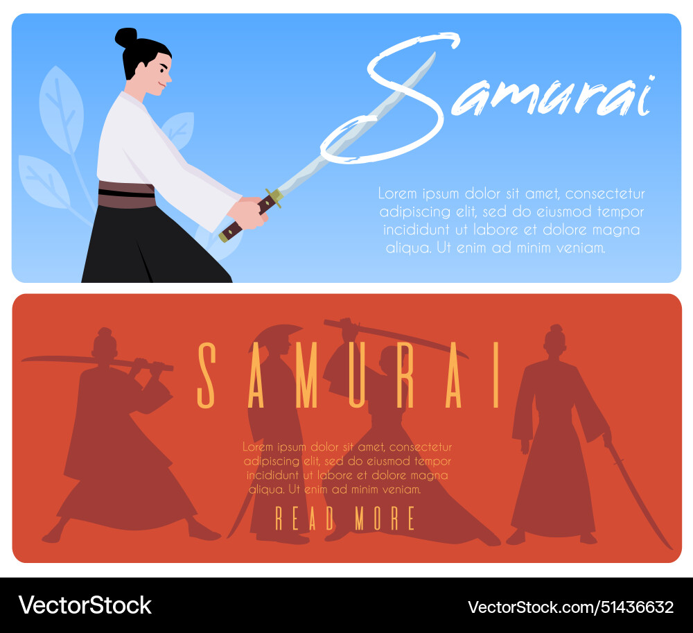 Samurai warrior with sword banners set Royalty Free Vector