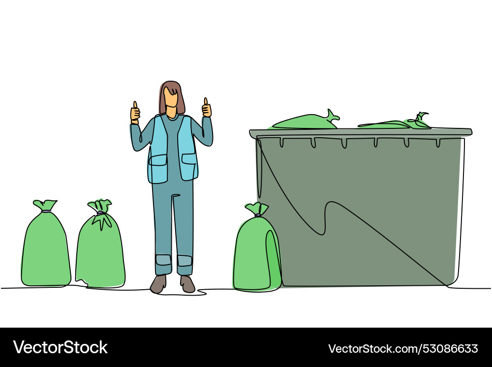 Continuous one line drawing trash woman stands Vector Image