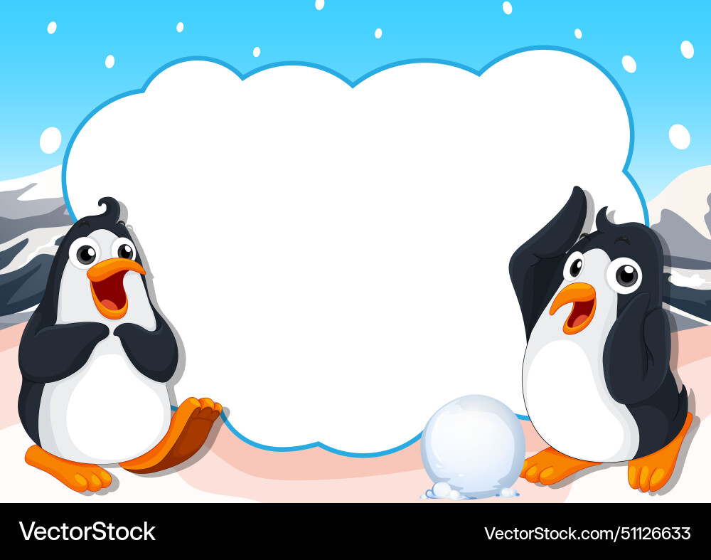 Two cartoon penguins playing with a snowball Vector Image