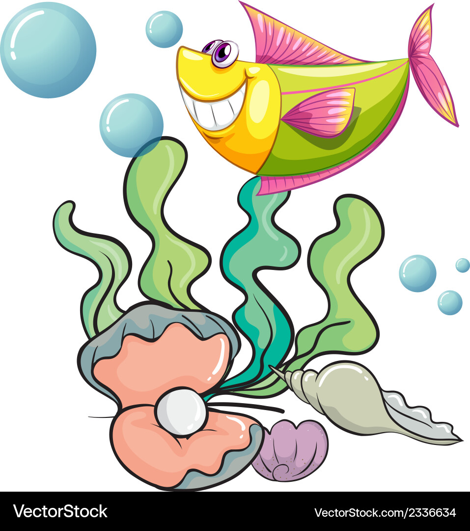 A smiling fish under the sea near shells Vector Image